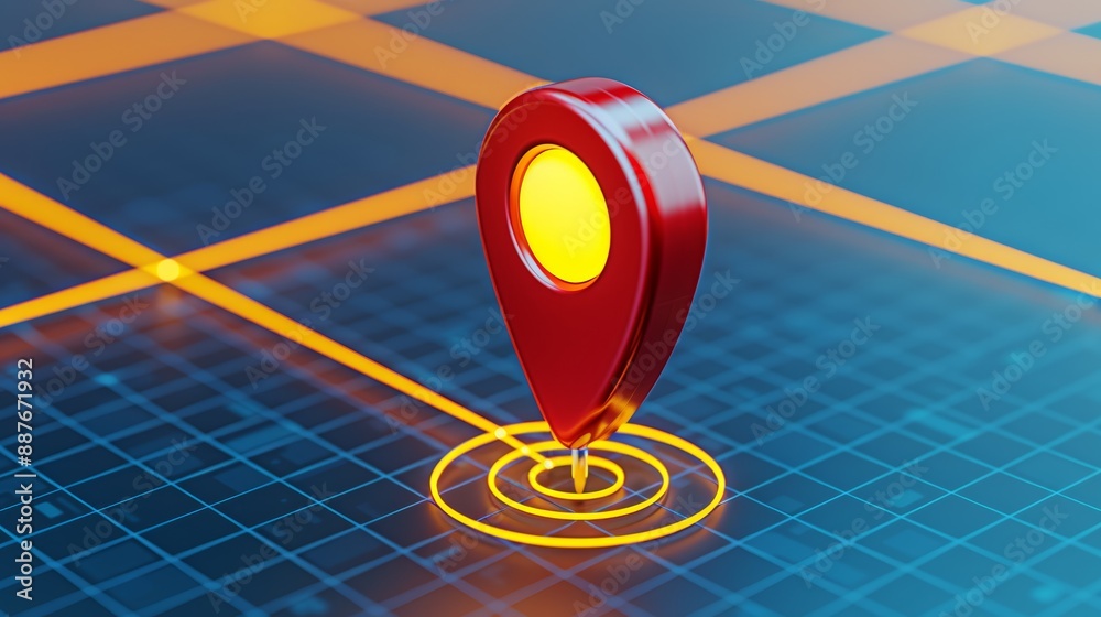 Red location pin on blue and yellow grid map, high-res photo, cyberpunk ...
