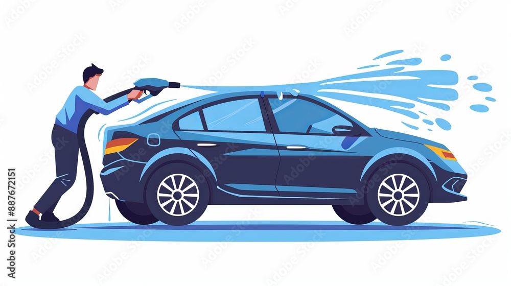 An illustration in vector form of a cartoon man washing a car. white ...