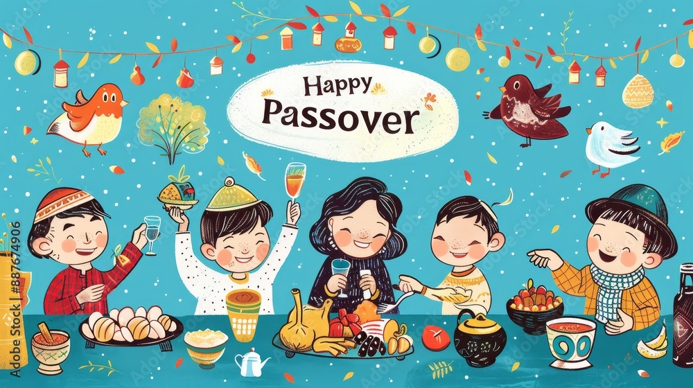 Cartoon characters enjoying Passover meal with 'Happy Passover' speech ...