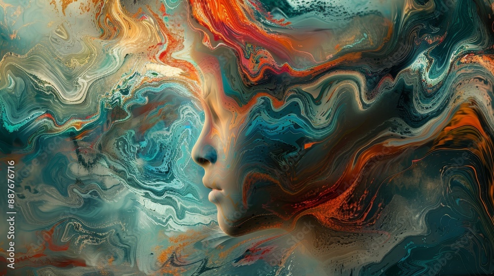 Human mind depicted with swirling imagination patterns and colors ...