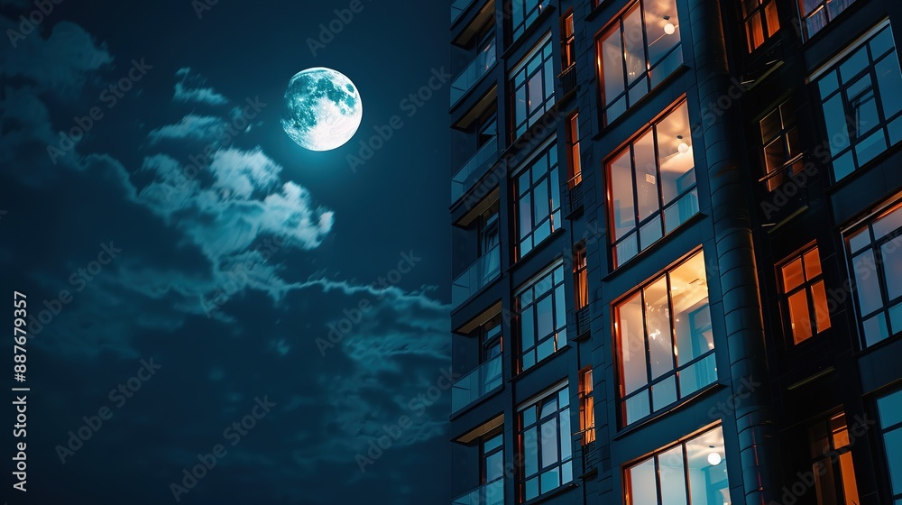 Tall building with illuminated windows under moonlit sky, high ...