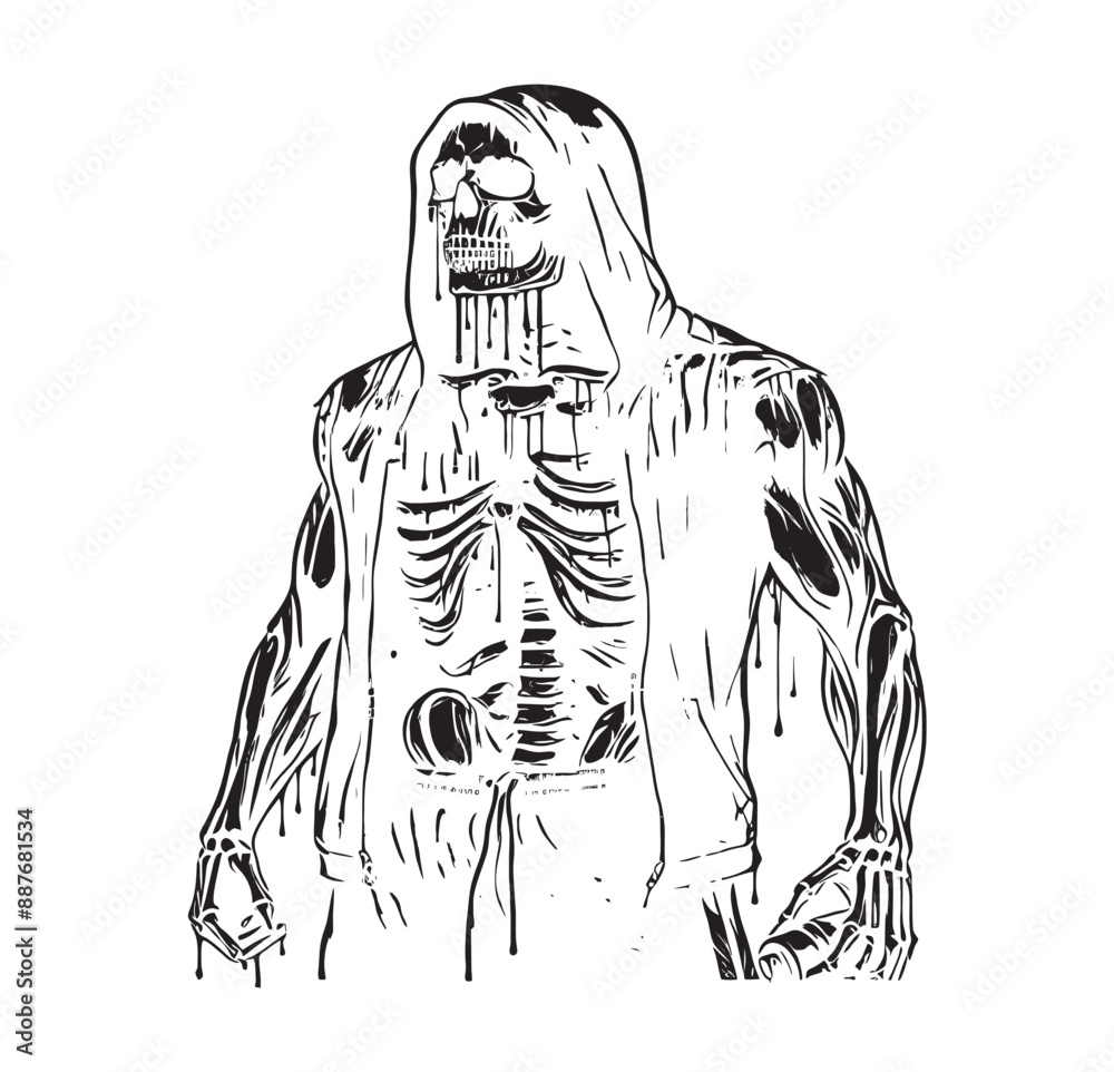 Skeleton of Body Builder in wearing Hood in rain wet Tattoo Style Gym ...