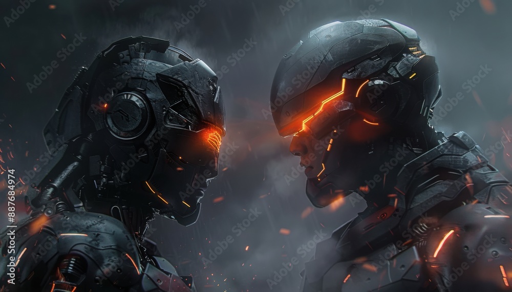 Two cyborgs face each other in an epic battle, one with glowing orange ...