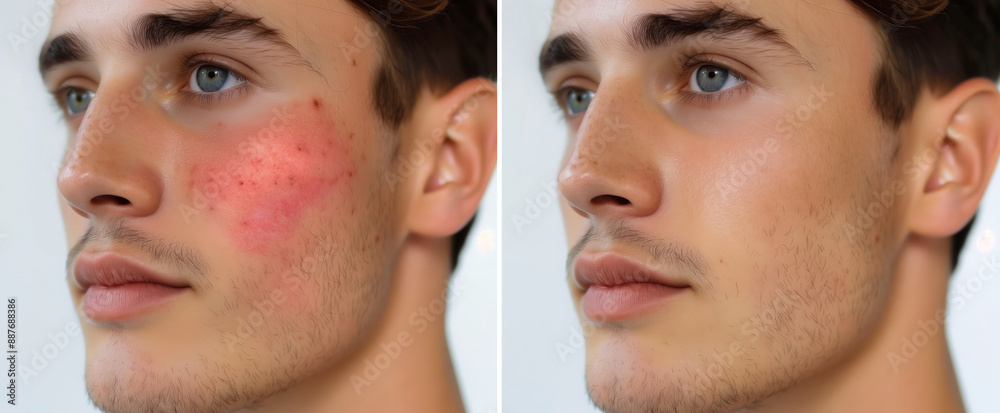 Rosacea & Skin Conditions : Men's Faces, Before After Treatment. Close ...
