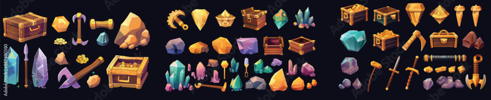 Game UI design icons of gold mine equipment including crystals, crate ...