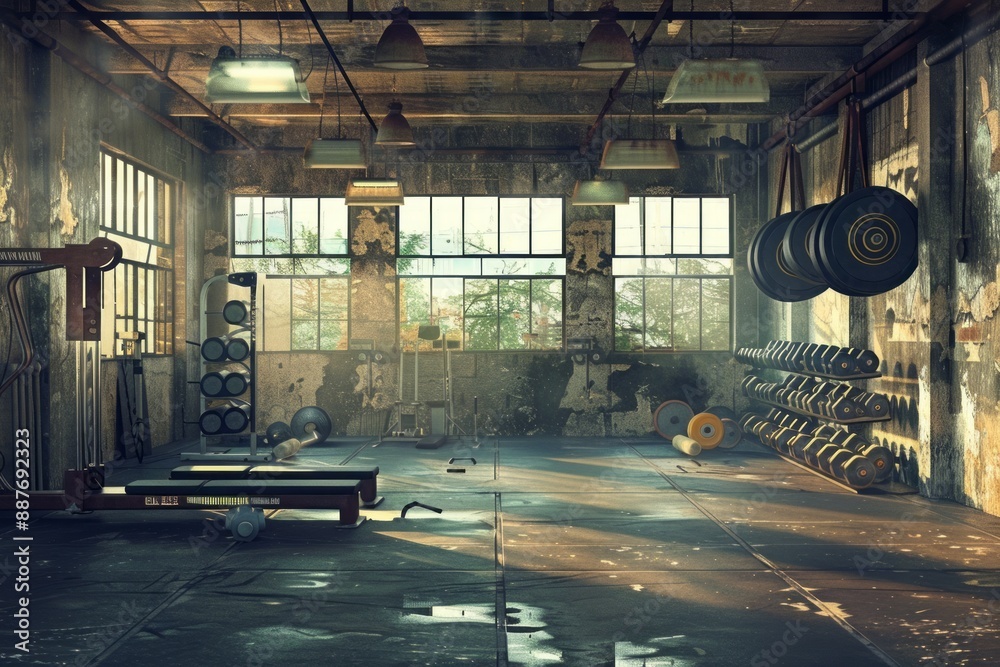 Gym, empty gym, sun rays coming through the gym windows creating ...