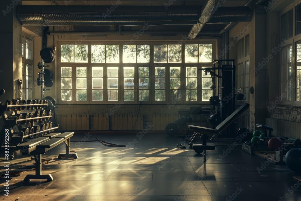 Gym, empty gym, sun rays coming through the gym windows creating ...