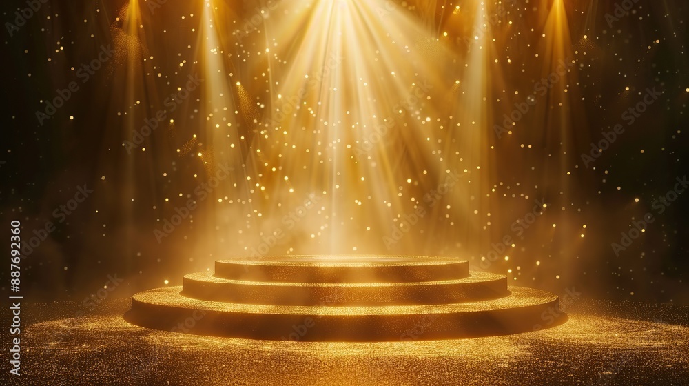 Gold light show stage. Abstract spotlight podium. Golden concert or ...