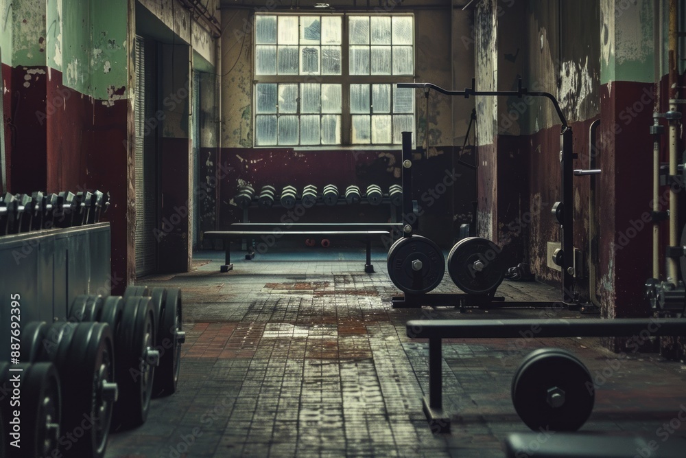 Gym, empty gym, sun rays coming through the gym windows creating ...