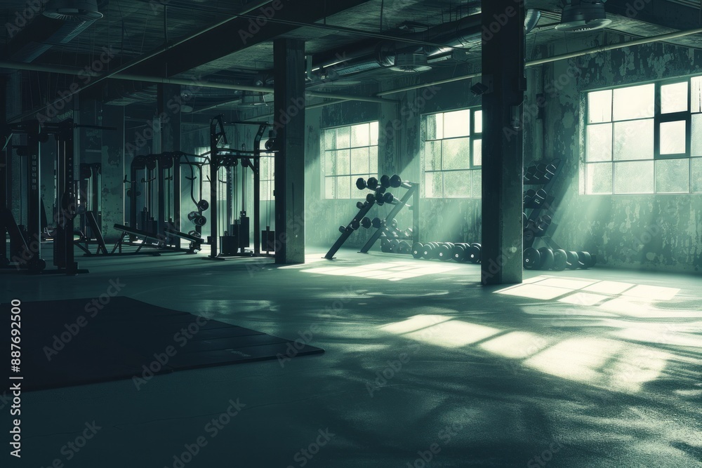 Gym, empty gym, sun rays coming through the gym windows creating ...