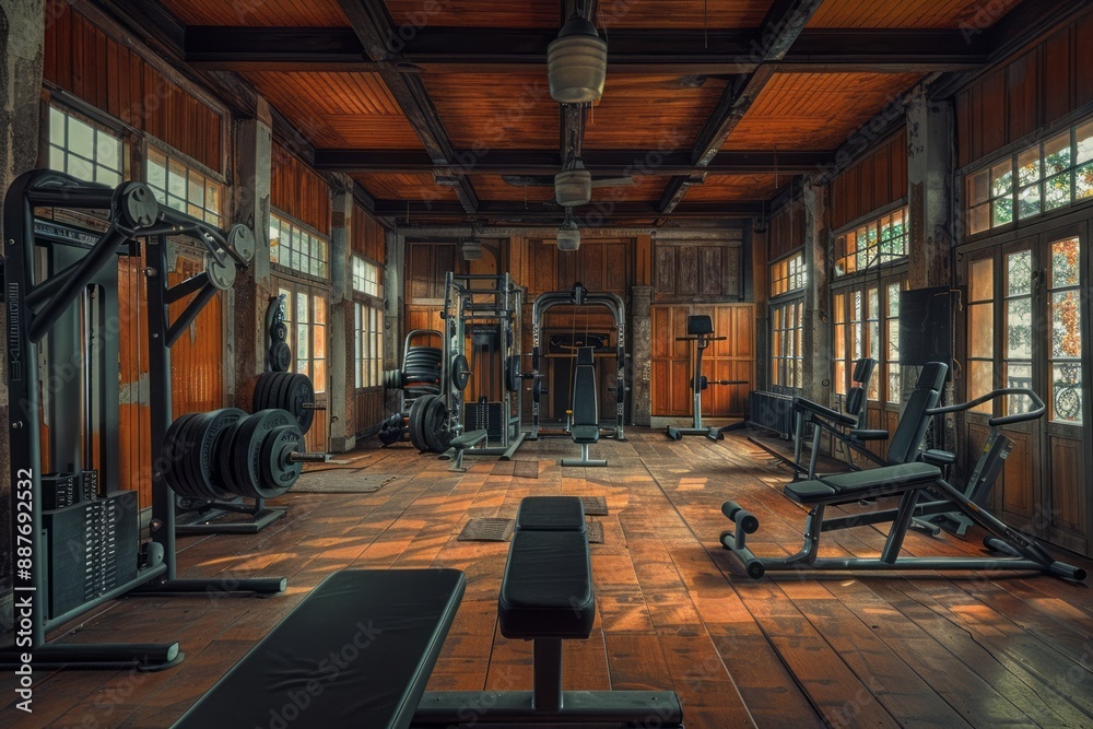 Gym, empty gym, sun rays coming through the gym windows creating ...
