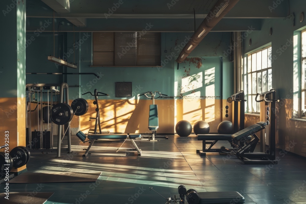 Gym, empty gym, sun rays coming through the gym windows creating ...