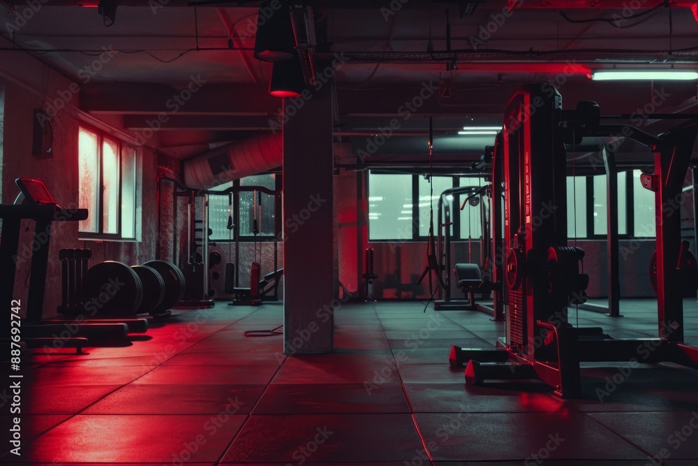 Gym, empty gym, sun rays coming through the gym windows creating ...
