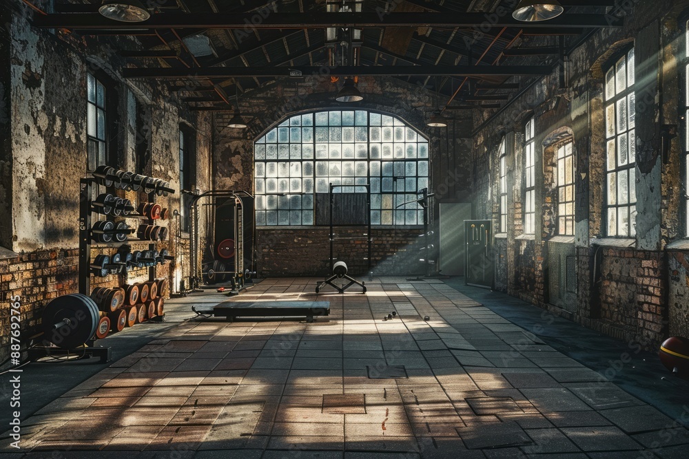 Gym, empty gym, sun rays coming through the gym windows creating ...