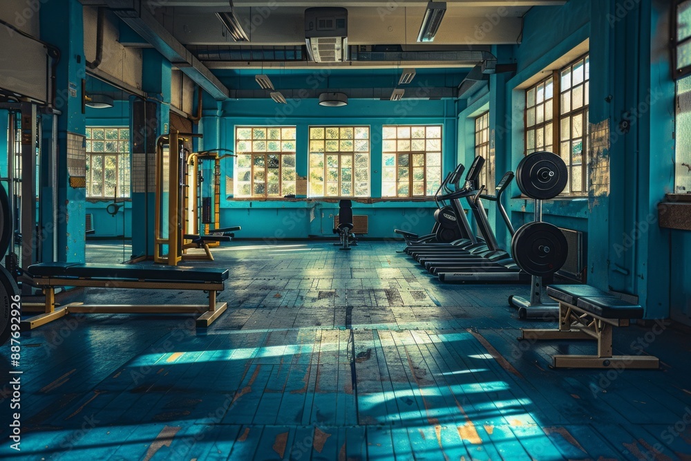 Gym, empty gym, sun rays coming through the gym windows creating ...