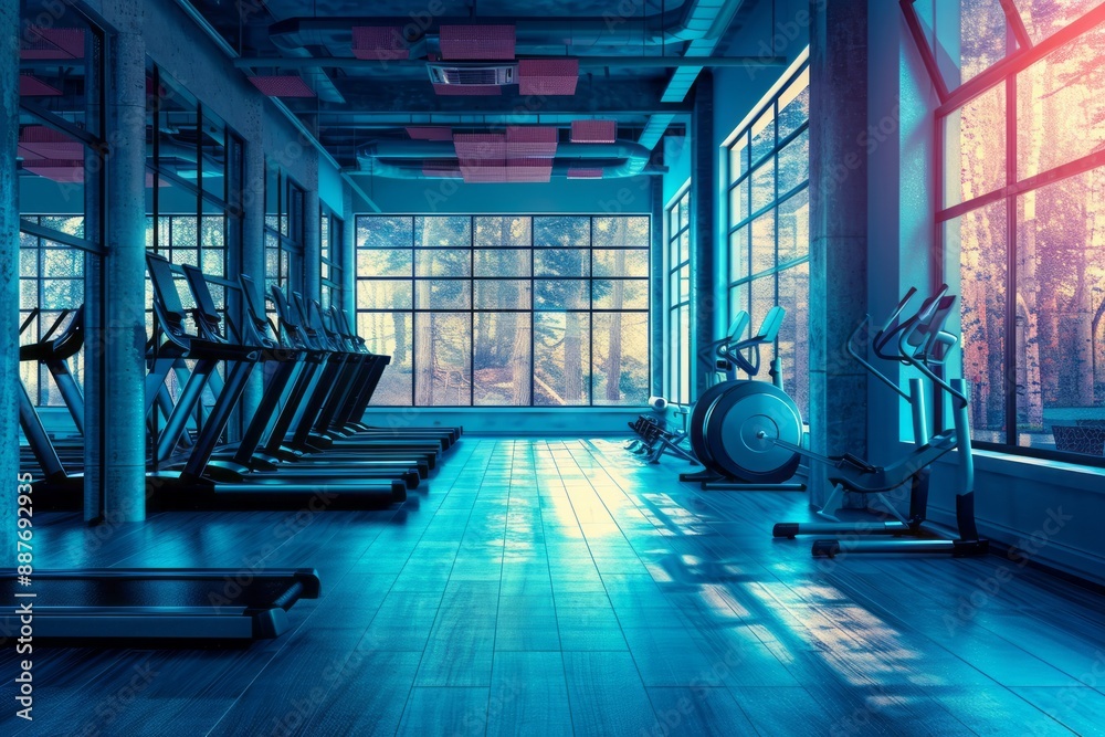 Foto de Gym, empty gym, sun rays coming through the gym windows ...