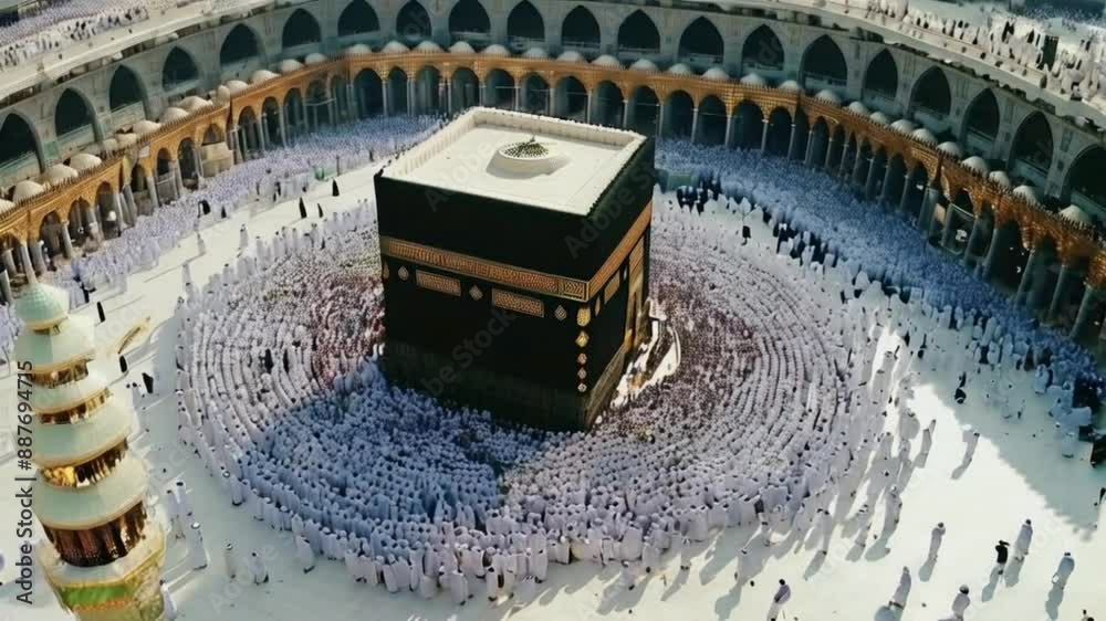 Aerial View of the Kaaba During Hajj. A vast crowd of pilgrims in white ...