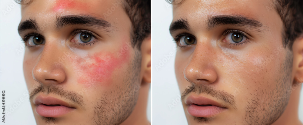 Rosacea & Skin Conditions : Men's Faces, Before After Treatment. Close ...