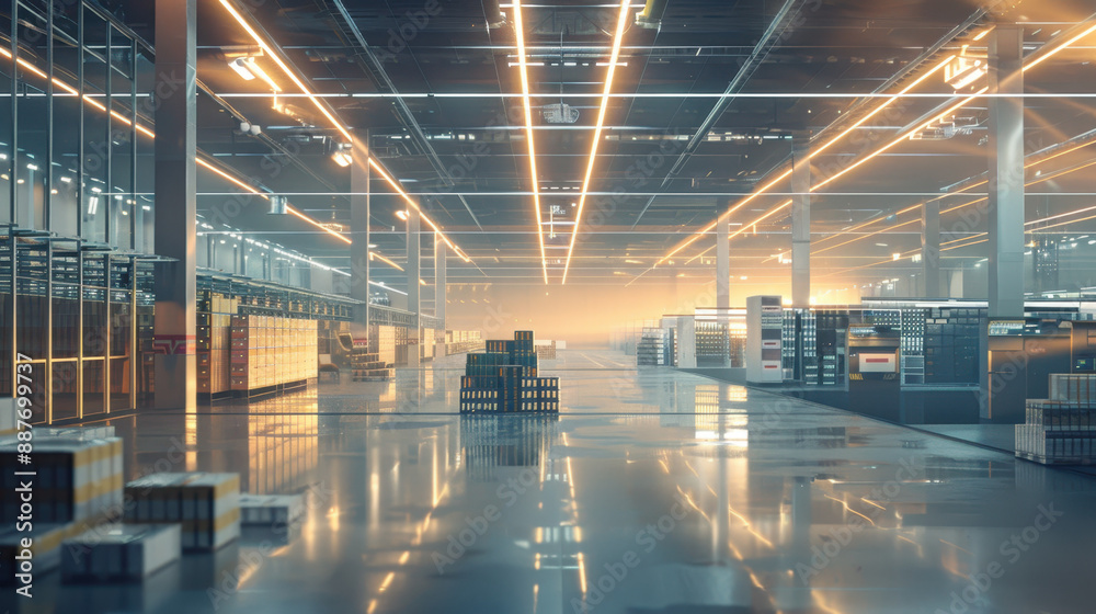 Large modern warehouse interior with stacked pallets, illuminated ...