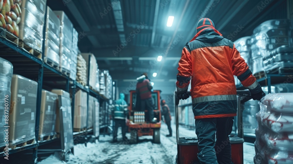 Workers in a cold storage facility unloading pallets of frozen goods ...