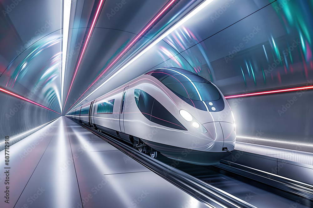 Futuristic High-Speed Train in Illuminated Tunnel, Modern ...