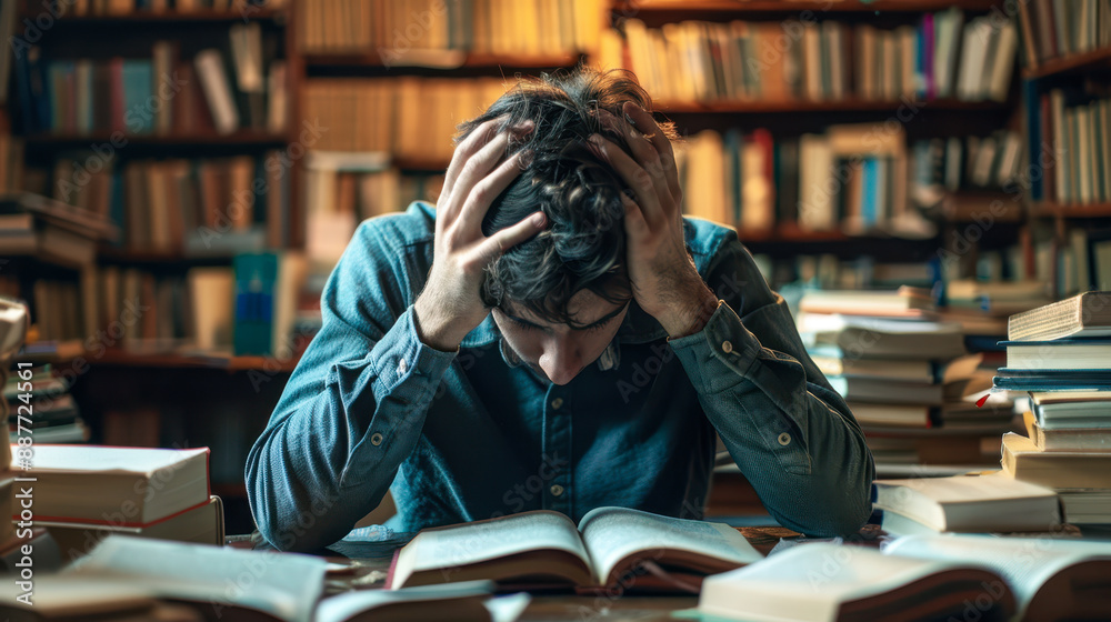 A person sits at a cluttered desk in a library, surrounded by open ...