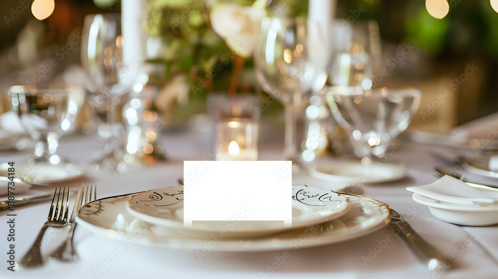 Table place setting blank menu card mockup or reserve in wedding invite ...