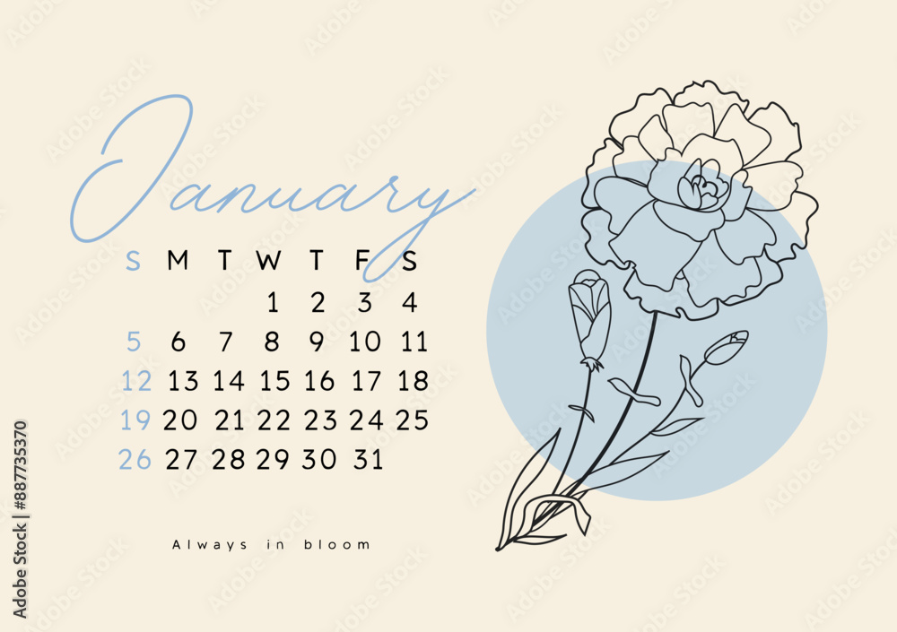 Horizontal calendar page for January 2025 with winter carnation flower ...