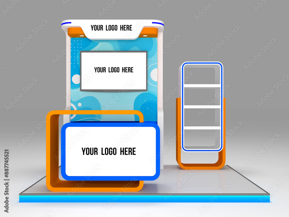 3d illustration stand booth 3x2m with table receptionist rack display ...