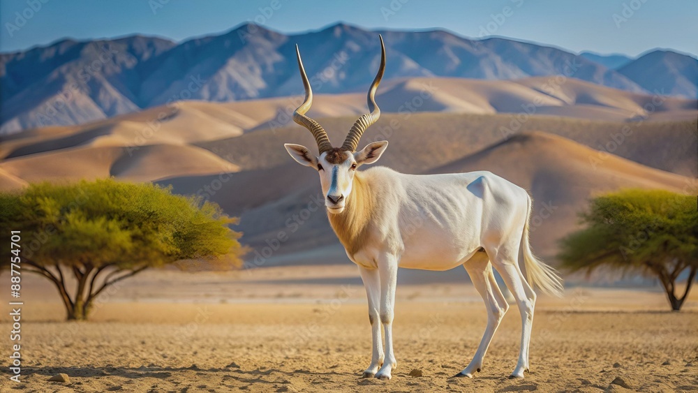 Curved horned antelope Addax (Addax nasomaculatus) is a wild native inhabitant of the Sahara ...