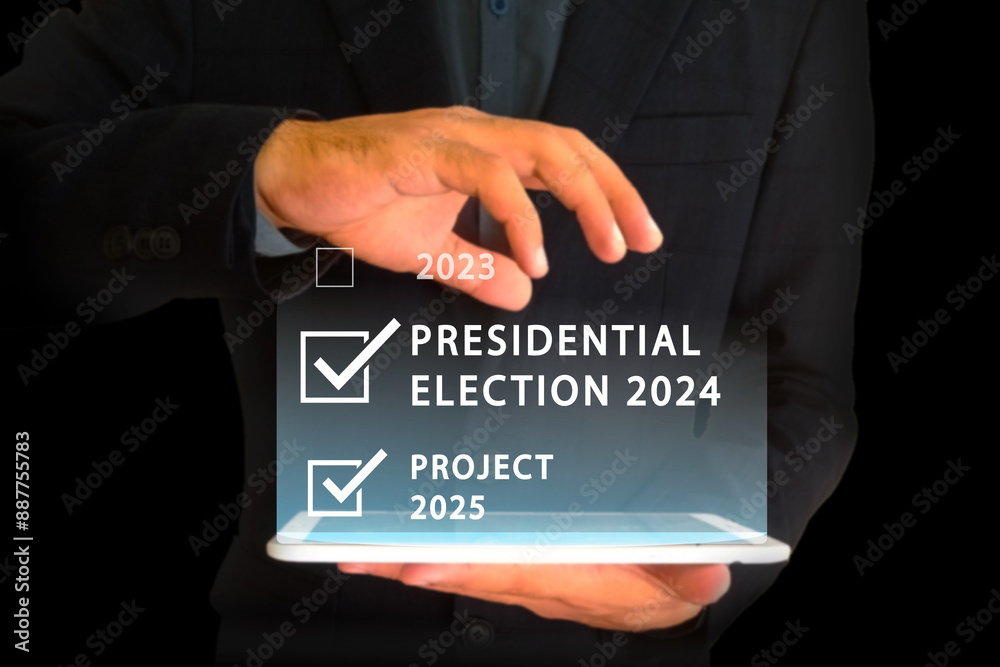 Hands with tablet showing american presidential election 2024 and ...