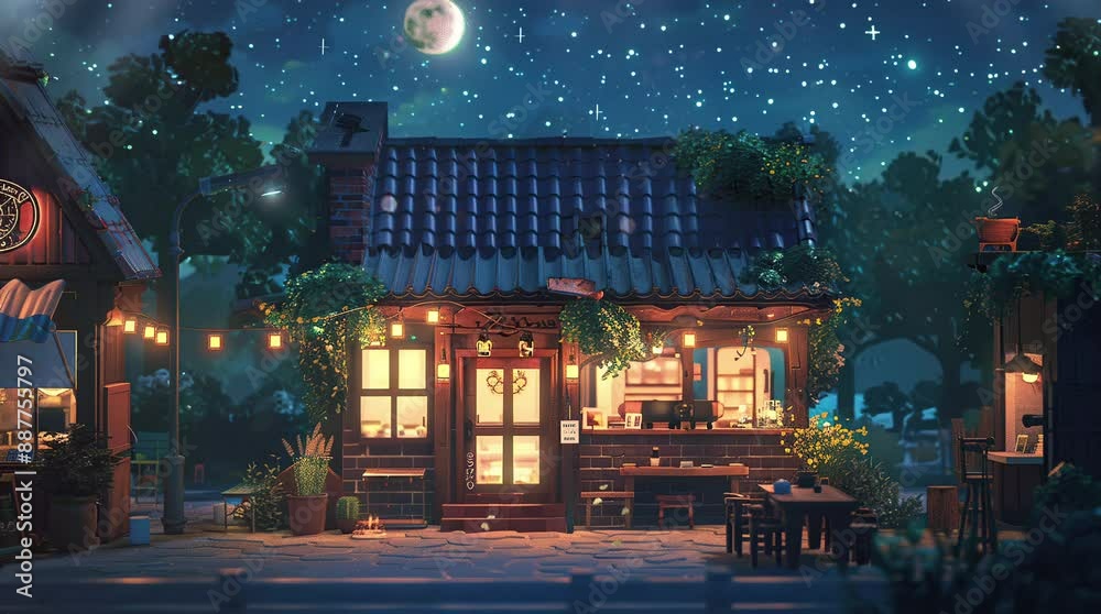 Glowing fantasy house at night, radiating magical lights in an ...