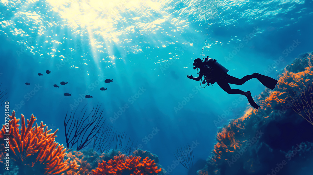 Scuba diver exploring a coral reef underwater, surrounded by fish and ...
