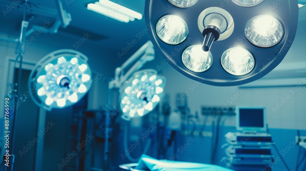 Bright surgical lights illuminate a modern operating room with an empty ...