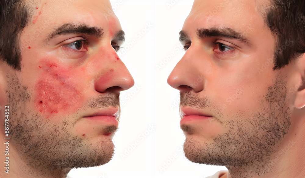 Rosacea & Skin Conditions : Men's Faces, Before After Treatment. Close ...