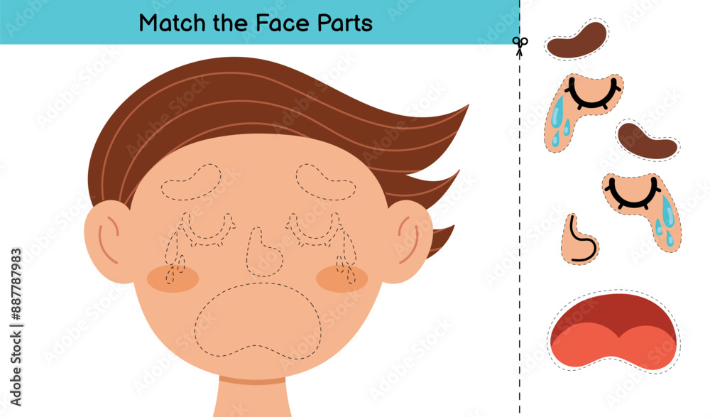 Vetor de Face Parts cut and glue game with a cute crying boy ...