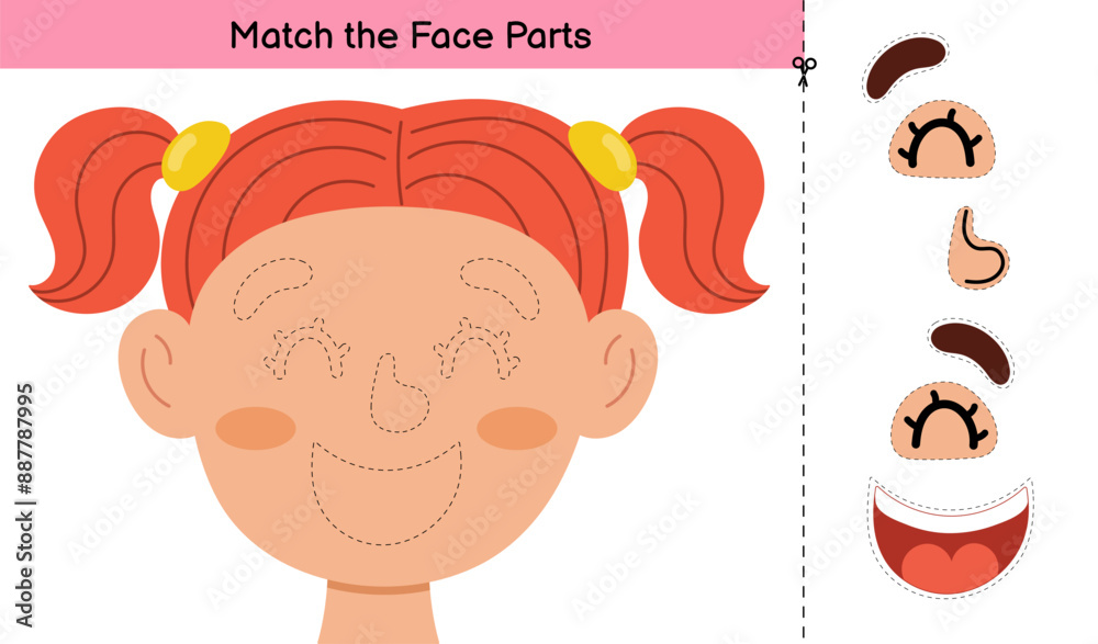 Face Parts cut and glue game with a cute girl. Educational activity ...