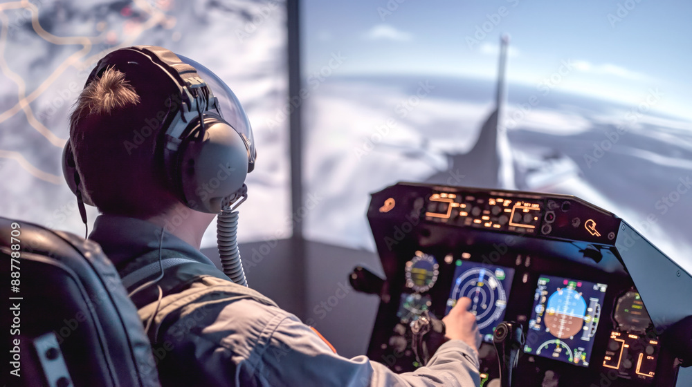 Person using a flight simulator, wearing a headset and flight suit, in ...