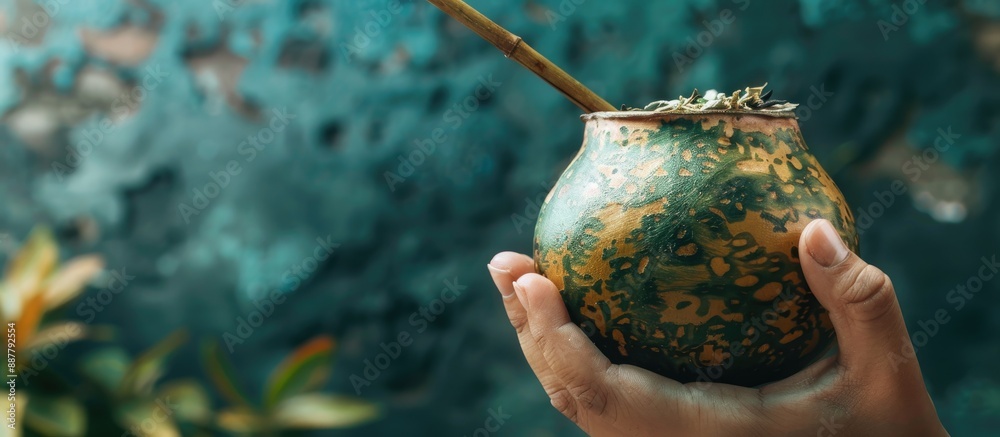 Traditional calabash gourd with yerba mate hand holding it with space ...