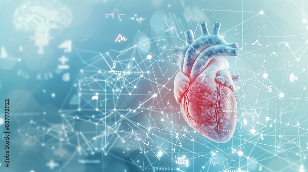 3D illustration of human heart with white lines on a light blue ...