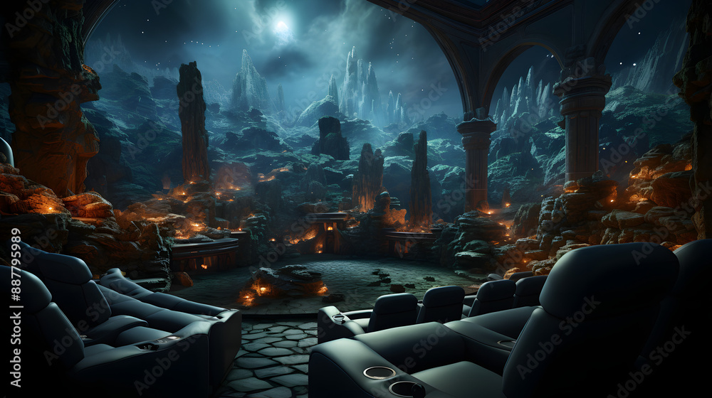 A luxurious home cinema is built inside a cave with stone seats and lit ...