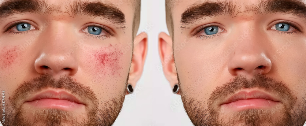 Rosacea & Skin Conditions : Men's Faces, Before After Treatment. Close ...