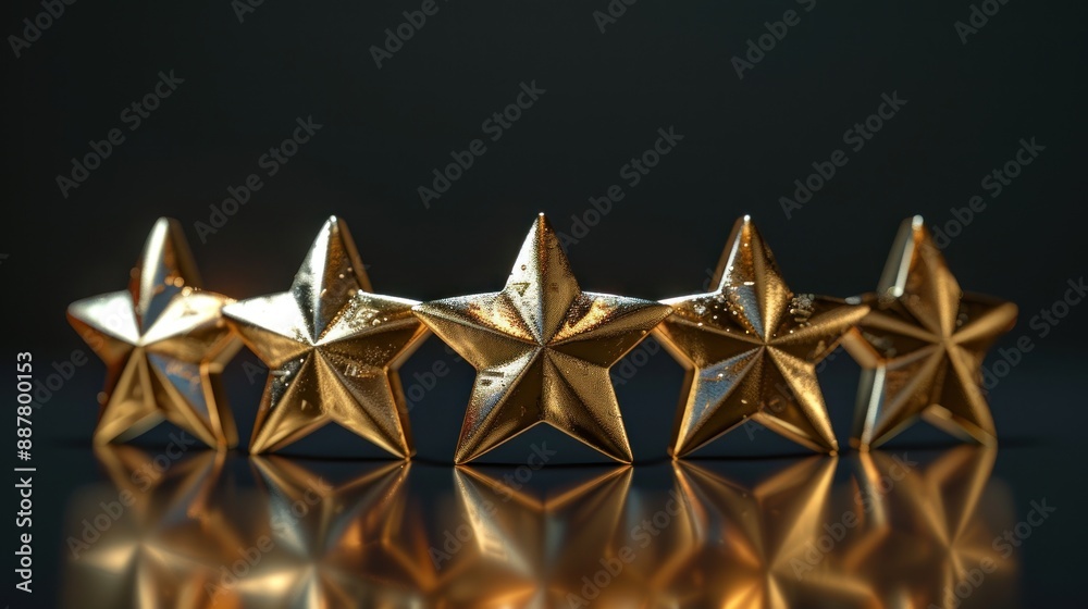 Five shiny gold stars aligned in a row, representing a perfect rating ...