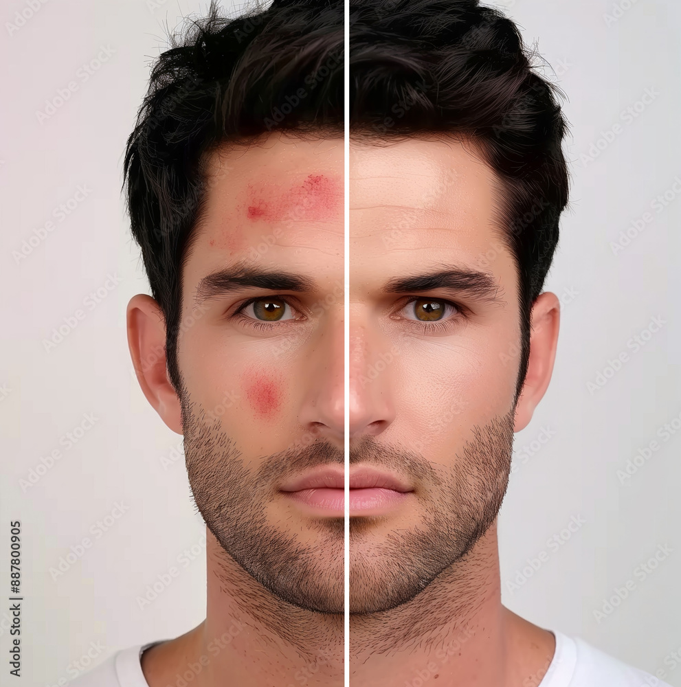 Rosacea & Skin Conditions : Men's Faces, Before After Treatment. Close ...