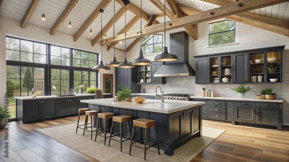 Modern farmhouse kitchen with black cabinets, white oak ceiling beams ...