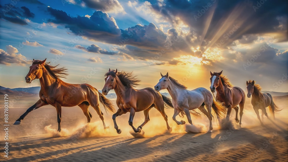 Dramatic sweeping landscape of majestic horses galloping through arid ...