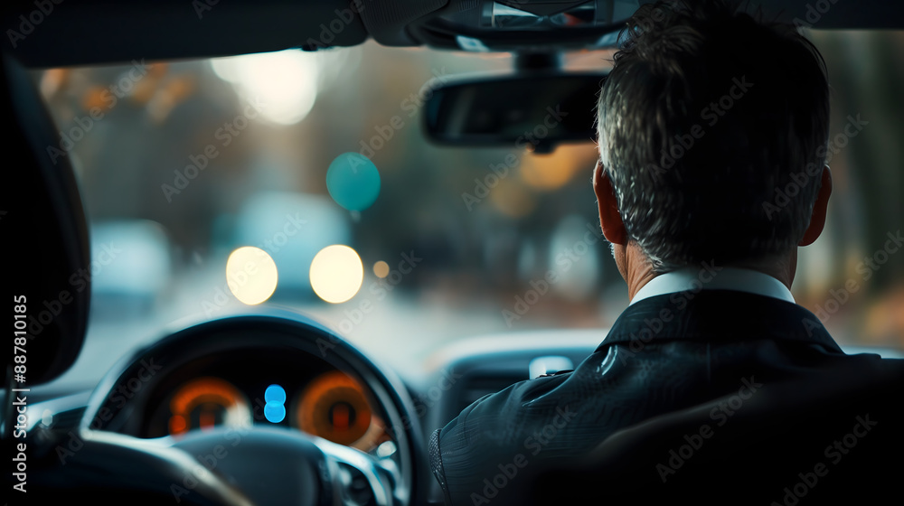 A middle-aged man in a suit is driving, seen from inside the car.，A man ...