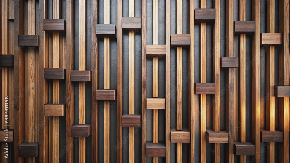 Dark backdrop showcases nuanced wooden lattice design with staggered ...