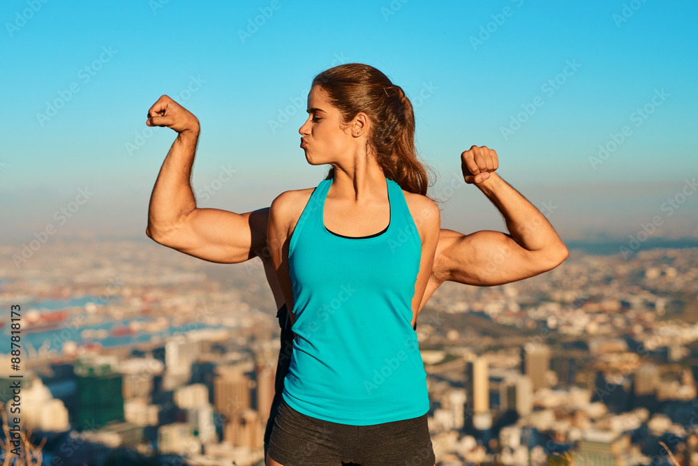 Flexing muscles, training and couple in city, funny and time together ...