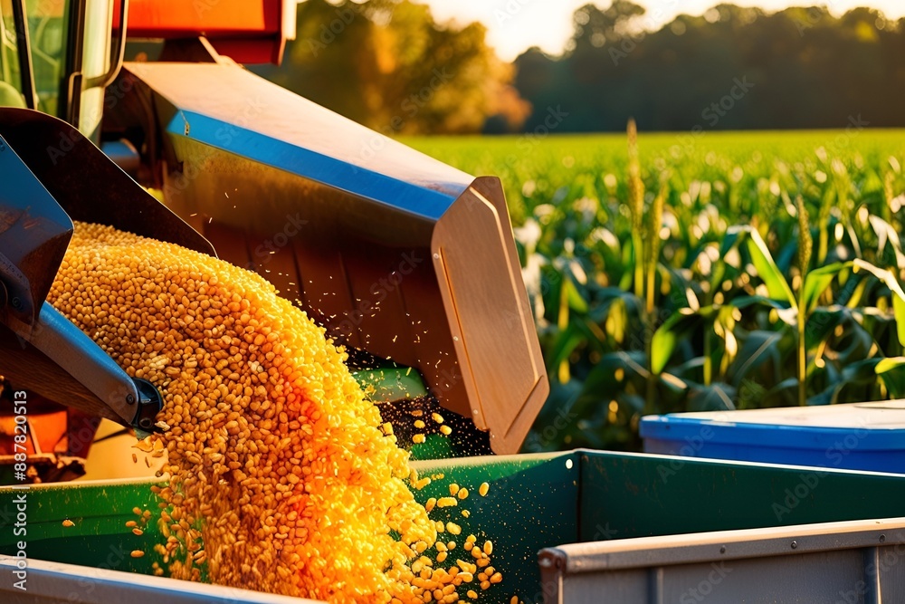 Farm combine harvester dumping corn into grain cart in corn field ...